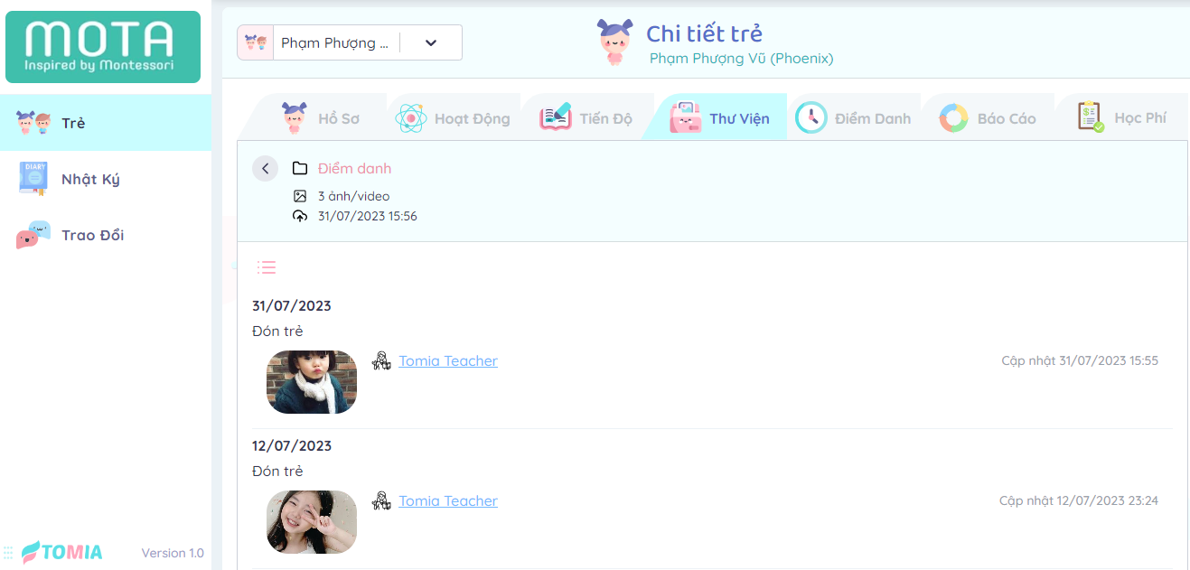 [Web - Parent Portal] - Hướng dẫn phụ huynh cách XEM HÌNH ẢNH ĐIỂM DANH của con mình - Tomia